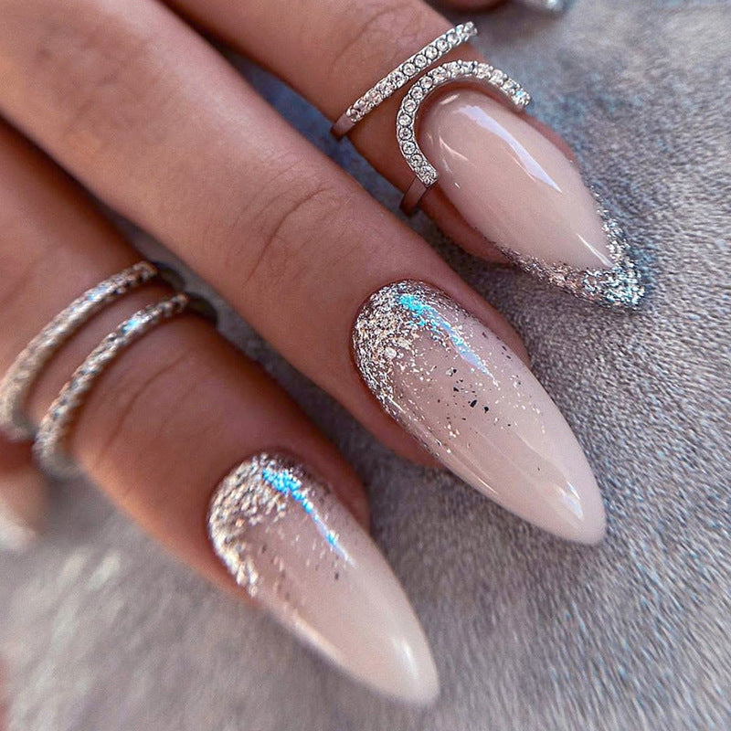 Incredible Long Almond Silver Glitter Press On Nails – RainyRoses