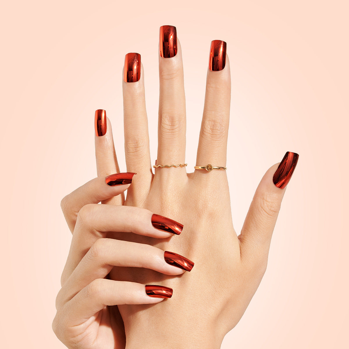 Fiery Glamour Long Square Metallic Red Press On Nails with Mirror Shin ...