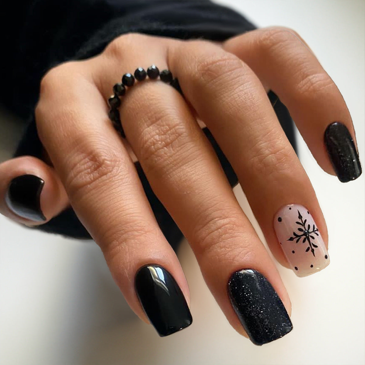 Mystic Night Short Square Black Press On Nail Set with Glitter Accent ...