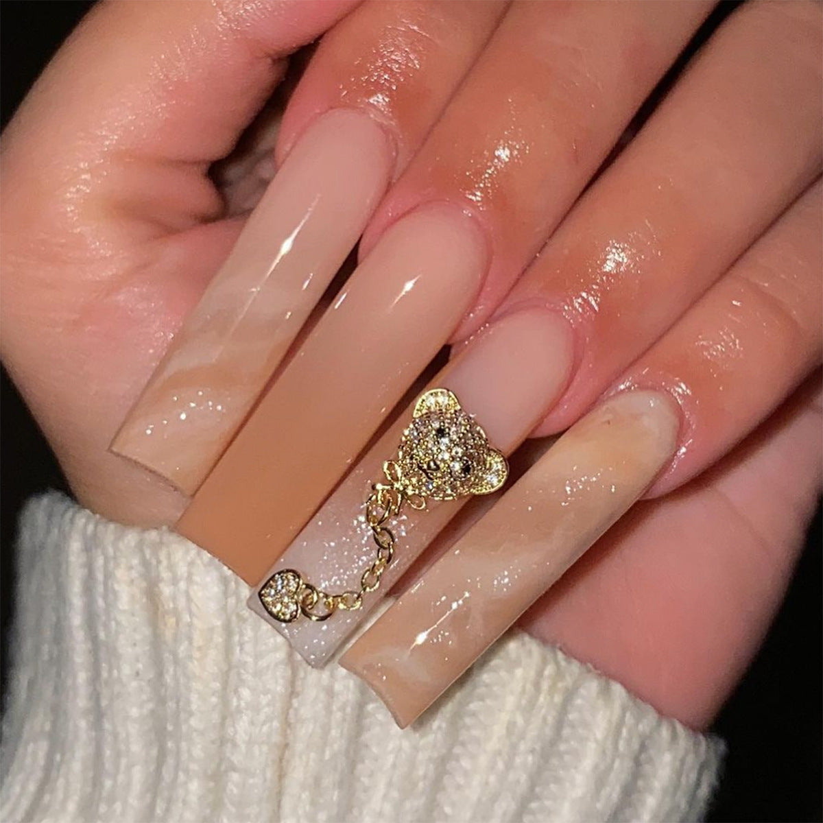 Sophisticated Glamour Long Square Neutral Press-On Nails with Luxe Gol ...
