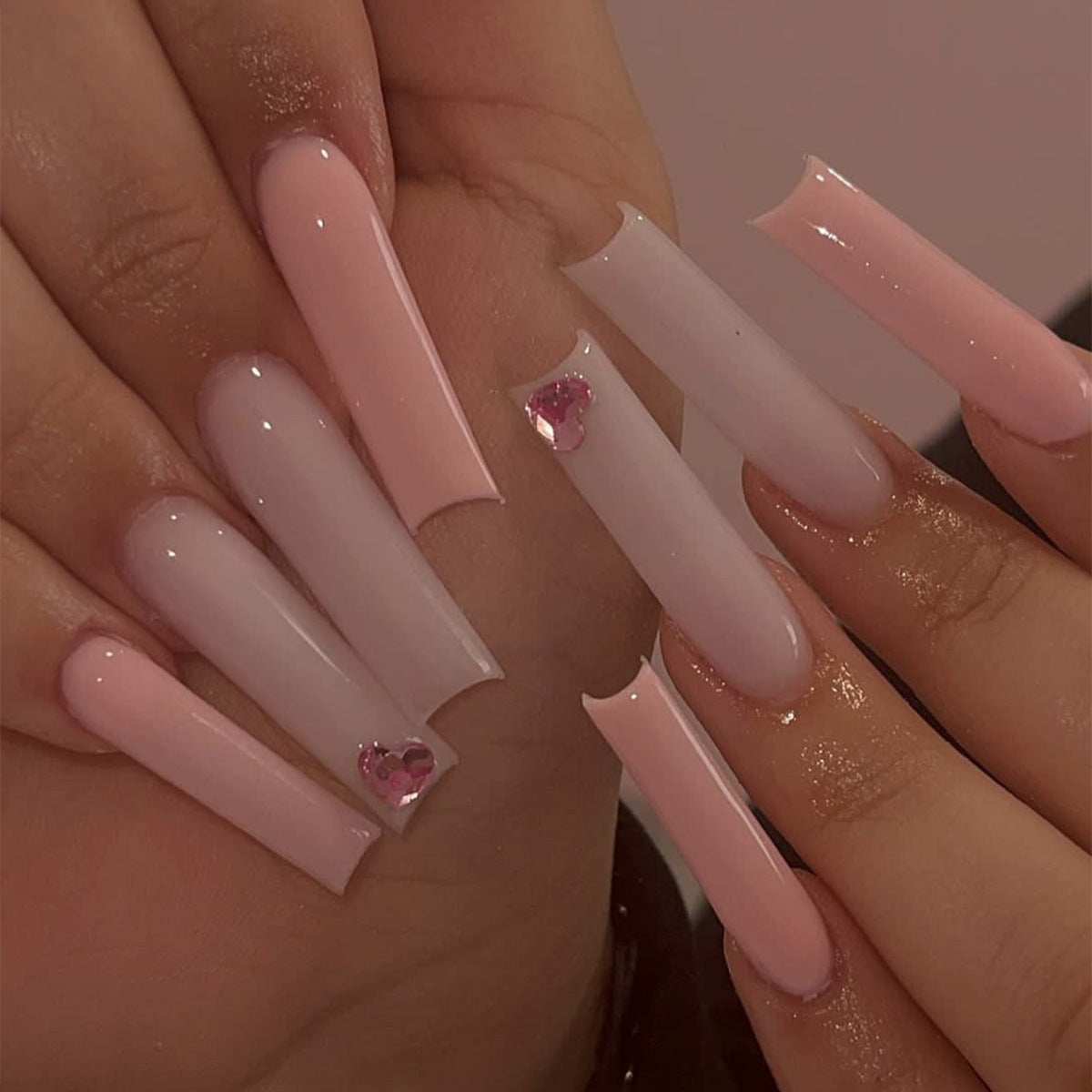 Glamorous Long Square Baby Pink Press-On Nails with Gemstone Accents ...