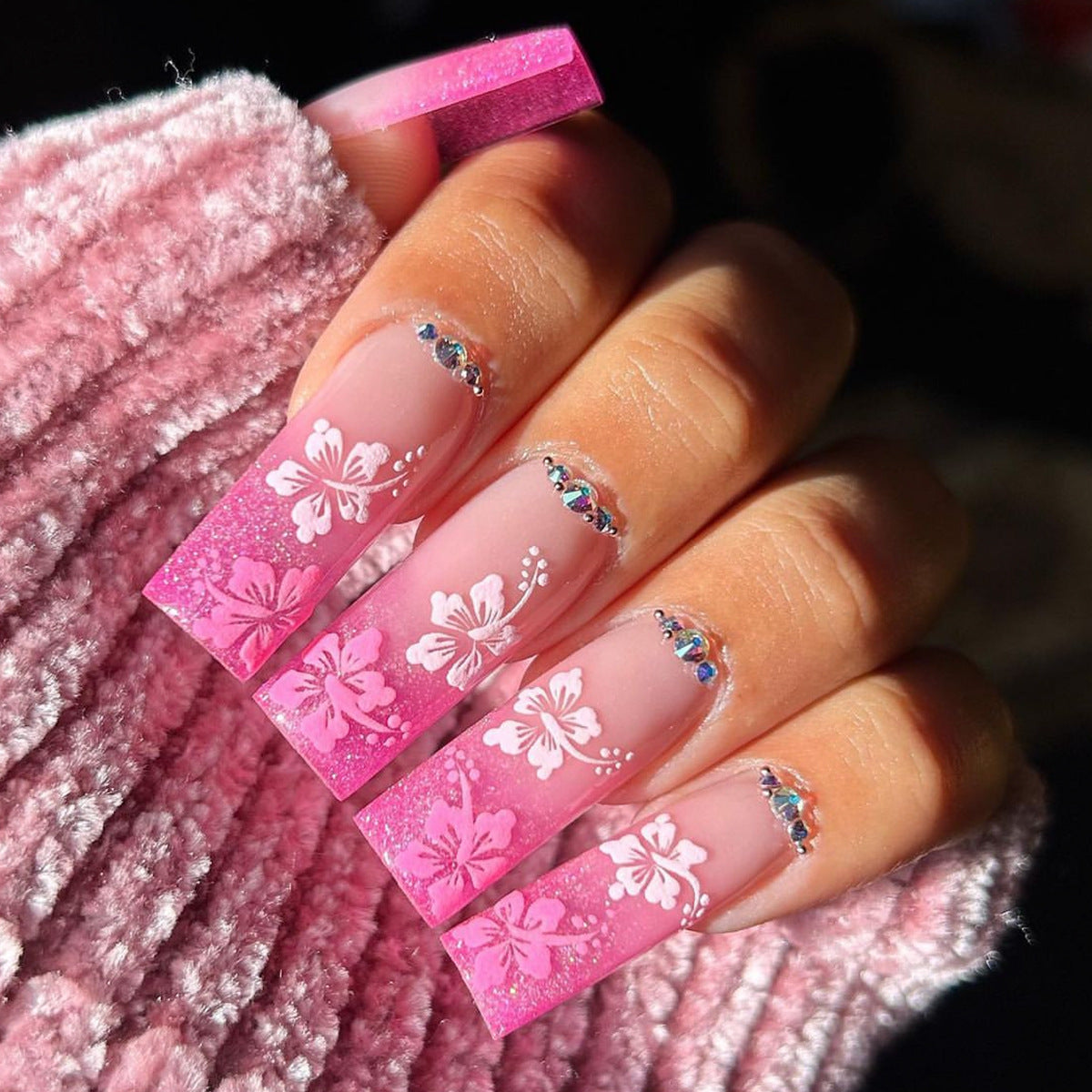 Blossoming Beauty Long Square Press On Nail Set with Hot Pink Glitter ...