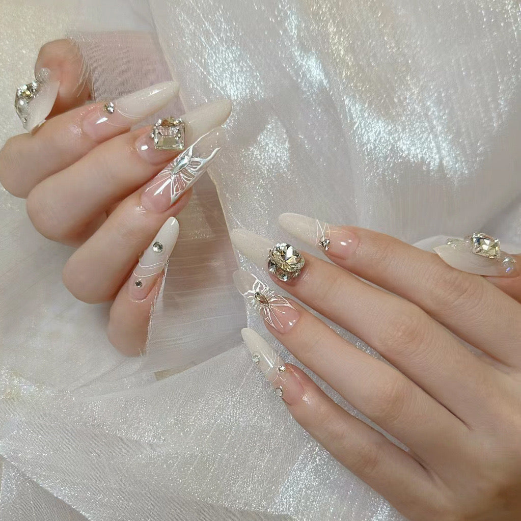 Luxury Wedding Long Almond Sheer Press-On Nail Set with Crystal Embell ...