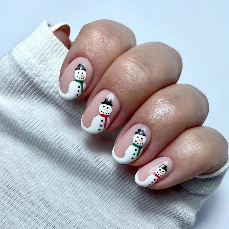 Snowmen In Line Short Round White Winter Press On Nails – RainyRoses