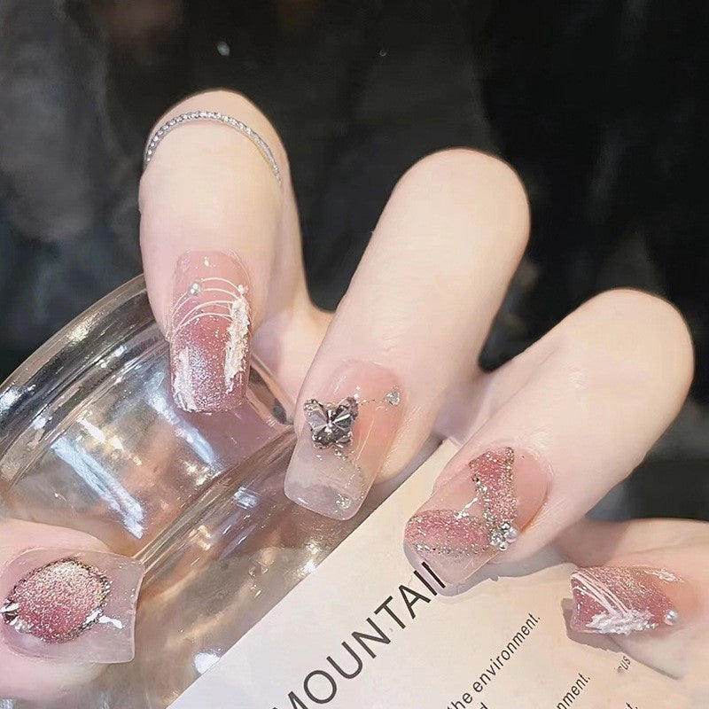 Diamond Dust Medium Square Clear Press On Nails with Rose Gold Glitter ...