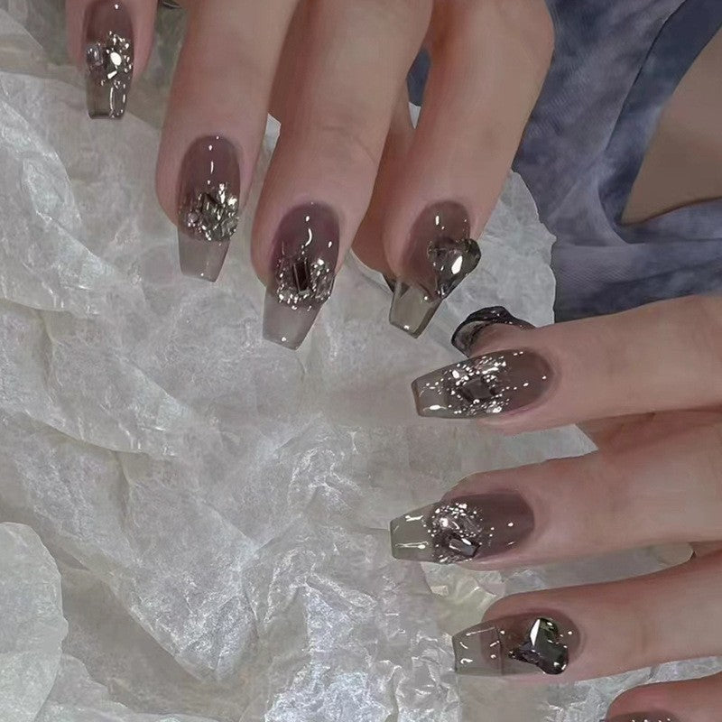 Glamorous Gala Long Coffin Taupe Press On Nail Set with Silver Foil Ti ...