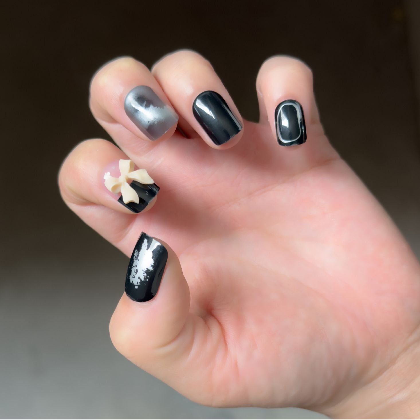 Starry Night Medium-Length Square Black and Silver Press On Nail Set w ...
